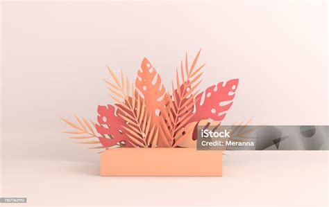 열대 종이 손바닥 몬스타 잎 프레임 제품 프리젠 테이션을위한 연단 플랫폼 여름 열대 잎입니다 종이 접기 이국적인 하와이 정글 여름 배경입니다 용지 잘라내기 3d 렌더링 꽃