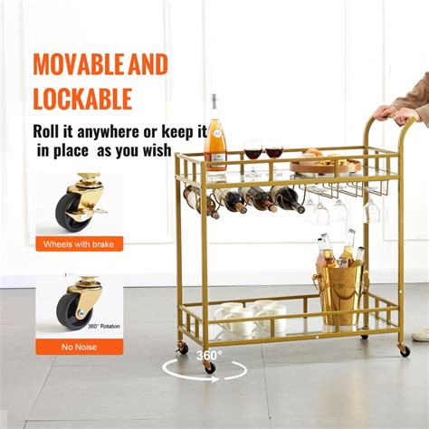 Vevor Bar Cart Gold 2 Tiers Home Bar Serving Cart On Lockable Wheels