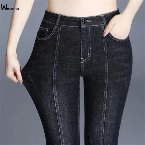 여성용 우아한 청바지 스키니 하이 웨이스트 플레어 청바지 블루 및 블랙 데님 바지 어머니 벨 바텀 팬츠 패션 2022
