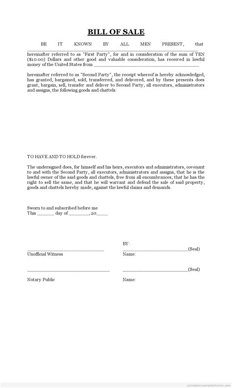 Free Printable Bill Of Sale With Notary