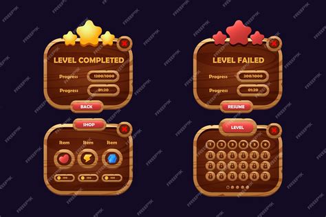Premium Vector Game Buttons Of Wooden And Gold Texture Cartoon Menu Interface Elements