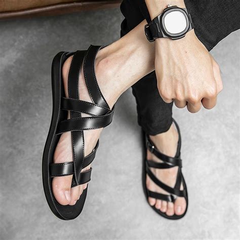 Купити Чоловічі римські сандалії Чорно білі шкіряні гладіатори Відкриті літні римські сандалії