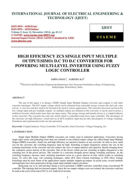 High Efficiency Zcs Single Input Multiple Output Simo Dc To D Pdf
