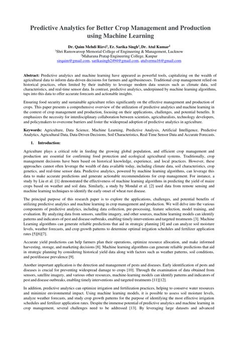 Pdf Predictive Analytics For Better Crop Management And Production Using Machine Learning