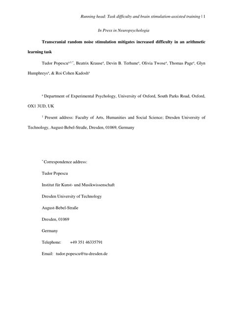 Pdf Transcranial Random Noise Stimulation Mitigates Increased Difficulty In An Arithmetic