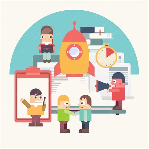 새로운 비즈니스 만화 사람들의 평면 디자인 개념 시작 시작 웹 페이지 웹 사이트 배너 소셜 미디어 및 방문 페이지에 대한 우주선 로켓 벡터 일러스트를 구축하고 있습니다