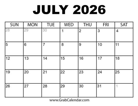 Blank July 2026 Calendar Printable Free Printable Templates