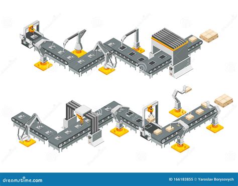 Conveyor Lines Of The Automatic Factory With Robotic Arms Assembly