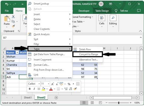 how to convert a range to a table or vice versa in excel