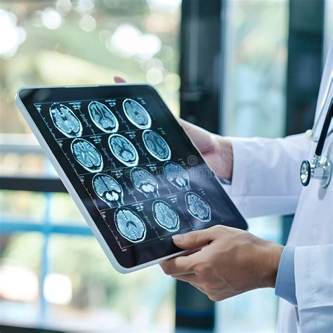 Doctor Holding Digital Tablet Showing Brain Scan Mri Results Stock