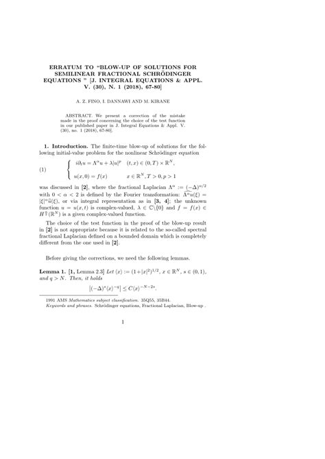Pdf Errata To Blow Up Of Solutions For Semilinear Fractional Schrödinger Equations”