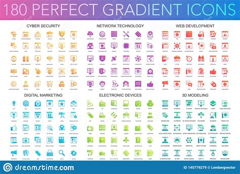 180 Trendy Perfect Gradient Icons Set Of Cyber Security Network