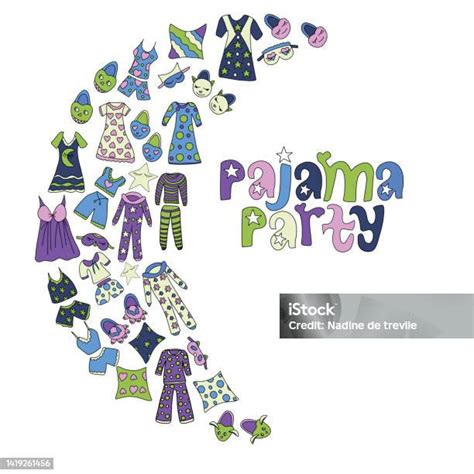 파자마 파티 초대장 벡터 템플릿 아이들을위한 잠자는 파티 재미있는 잠옷과 잠옷 세트 선형 낙서 스타일로 손으로 그린 요소의 벡터 일러스트 레이 션 밤샘 파티에 대한 스톡