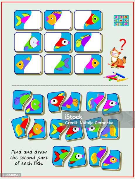 어린이 교과서를 위한 교육 페이지입니다 각 물고기의 두 번째 부분을 찾아 그립니다 아기 책을위한 워크 시트 아이들의 그림 그리기와 색칠 기술 개발 평면 벡터 그림입니다