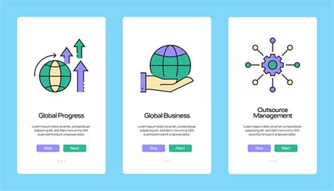 평면 아이콘이 있는 모바일 앱 페이지 화면을 타고 온보딩하는 현대 비즈니스 컨셉 Ux Ui 디자인 템플릿 벡터 일러스트레이션 사용자 경험에 대한 스톡 벡터 아트 및 기타