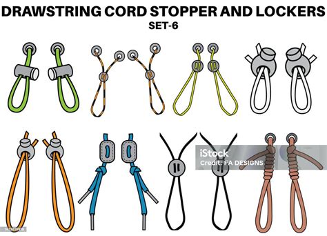 Drawstring Cord Stopper Flat Sketch Vector Illustrator Set Of Draw String Lock Slider Toggles
