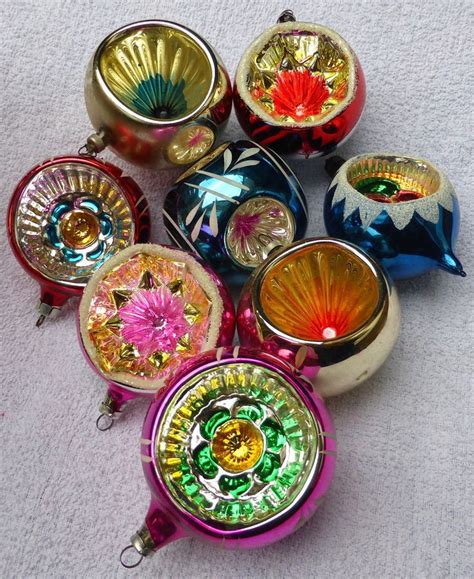 8 Vintage Mercury Glass Christmas Tree Reflector Baubles In Old Xmas