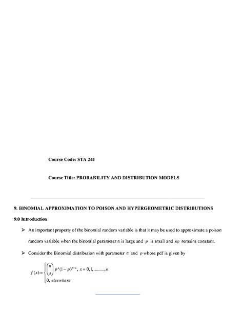 Sta 241 Topic 9 Binomial Approximation To Poisson And Hypergeometric