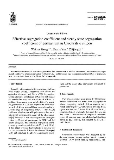 Pdf Effective Segregation Coefficient And Steady State Segregation