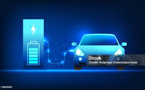 전기차 충전소에서 차량 배터리를 충전하는 전기차 기술 이것은 청정 에너지로 구동되는 전기 자동차 기술을 말합니다 지구 온난화 감소 배터리 충전기에 대한 스톡 벡터 아트 및