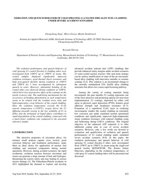 Pdf Oxidation And Quench Behavior Of Cold Spraying Cr Coated Zircaloy Fuel Cladding Under