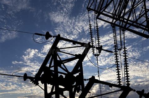 electricity pylon high voltage power line black contour on the