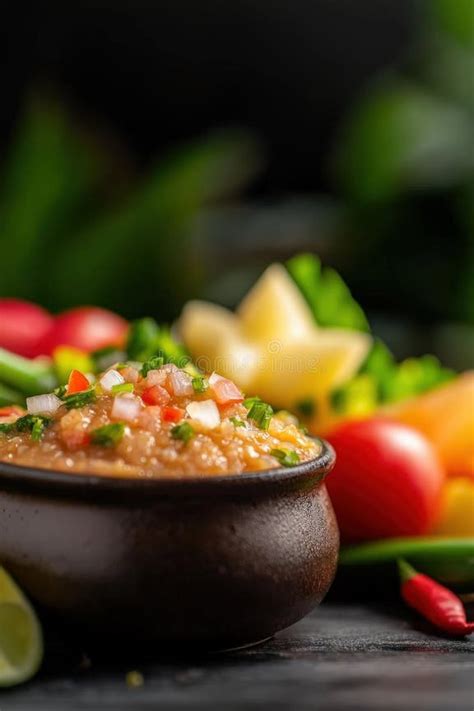 Fermented Fish Paste Dip Served With Fresh Vegetables And Fruits On A