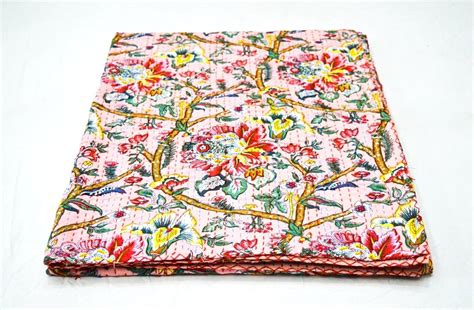 Indian Vintage Kantha Quilt Floral Print Quilt Cotton Kantha Throw