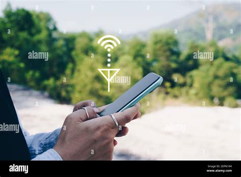 People Hand Using Smartphone Looking For Signal Wifi In Off The Grid No Power Space Area Or In