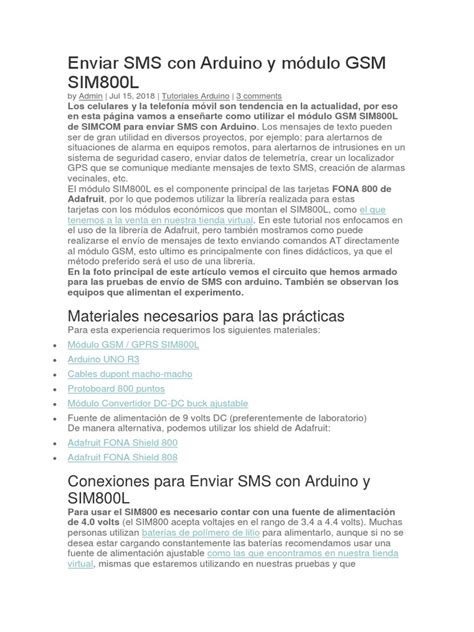 Enviar Sms Con Arduino Y Módulo Gsm Sim800l Pdf Gsm Arduino