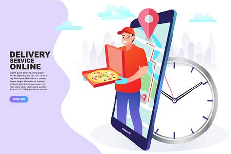 음식 배달 서비스 컨셉 배너 모바일 응용 프로그램을 통해 온라인으로 피자를 주문 하는 남자와 벡터 그림 온라인 주문 추적 벡터 일러스트레이션 고객에 대한 스톡 벡터 아트 및