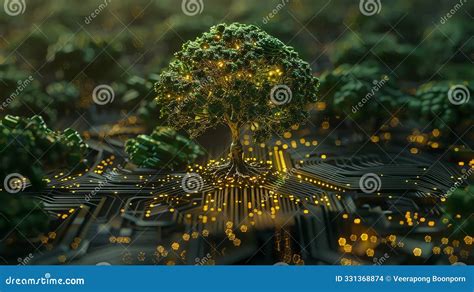 A Glowing Tree Stands Tall Over A Circuit Board Representing The Intersection Of Nature And