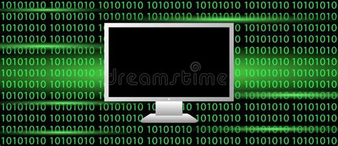 Binary Code On Green Background With Computer Monitor Display Binary
