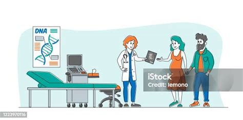 클리닉에서 초음파 검진 검진을하는 의사 캐릭터 임산부와 남편 부부는 태아 이미지를보고 아기 배 꼽 초음파 검사를 위해 병원을 방문합니다 선형 벡터 피플 일러스트 초음파에