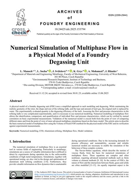 Pdf Numerical Simulation Of Multiphase Flow In A Physical Model Of A Foundry Degassing Unit
