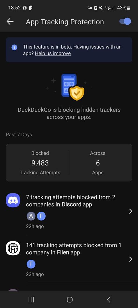 duckduckgo blocking hidden trackers in filen app on android is this