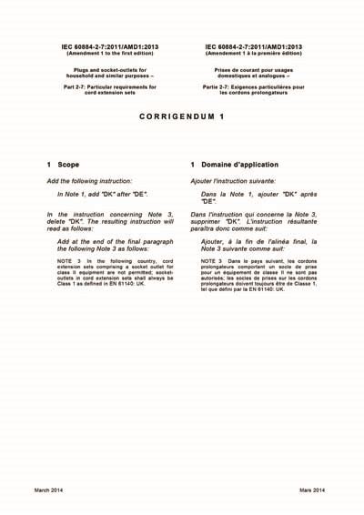 IEC 60884 2 7 Amd 1 Ed 1 0 B Cor 1 2014 Corrigendum 1 Amendment 1 Plugs And Socket