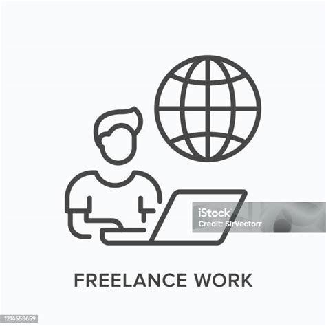 컴퓨터 라인 아이콘에서 작업하는 남자 프리랜서 작업 온라인 교육 벡터 일러스트레이션 랩톱 앞에 앉아있는 사람 가정 선형 표지판에서 회의 아이콘에 대한 스톡 벡터 아트 및