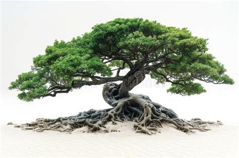 A Lush Green Floating Tree With Roots Extending To The Bottom Against A