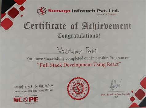 Vaishnavi Patil On Linkedin Internshipcompleted