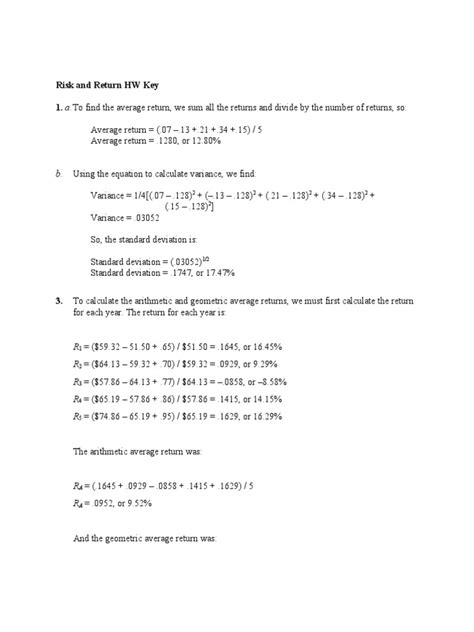 Risk And Return Hw Key Pdf Variance Standard Deviation