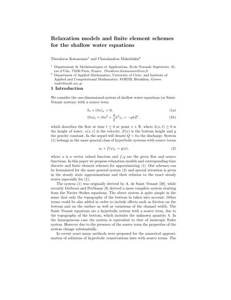 Pdf Relaxation Models And Finite Element Schemes For The Shallow Water Equations