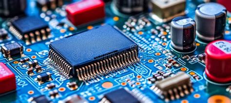 Close Up Of Blue Circuit Board Electronic Components And Processor