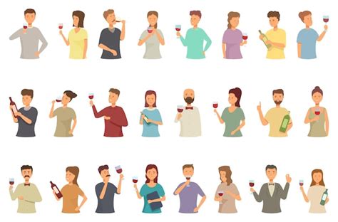 와인 시음 아이콘 세트 만화 벡터 프랑스 이벤트 마누 와이너리 프리미엄 벡터