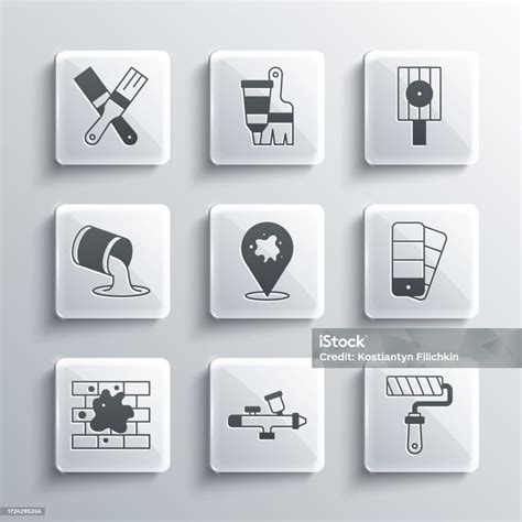 페인트 스프레이 건 롤러 브러시 색상 팔레트 가이드 집 페인팅 양동이 및 스프레이 캔 노즐 캡 아이콘을 설정합니다 벡터 굴리기에 대한 스톡 벡터 아트 및 기타 이미지