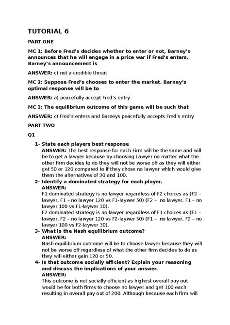 Answers Tut 6 Tutorial 6 Work Covering Game Theory Tutorial 6 Part