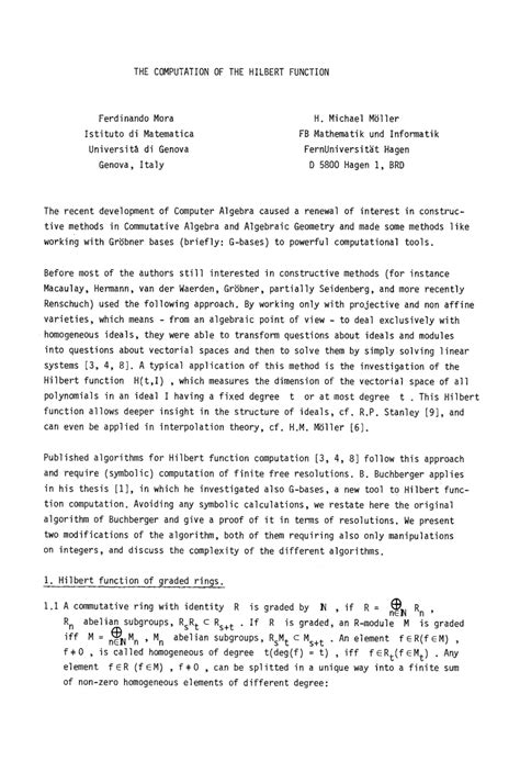 Pdf The Computation Of The Hilbert Function