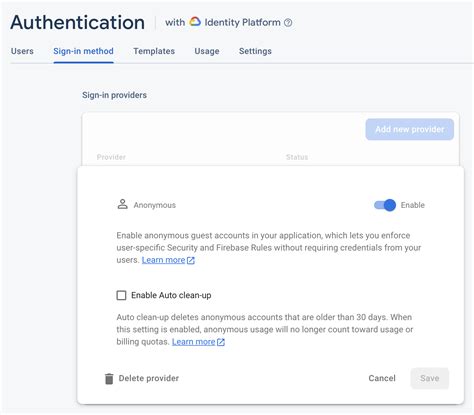 firebase how do you enable auto clean up of anonymous users in