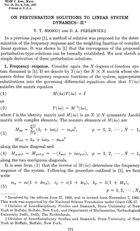 On Perturbation Solutions To Linear System Dynamics—ii Siam Journal On Applied Mathematics