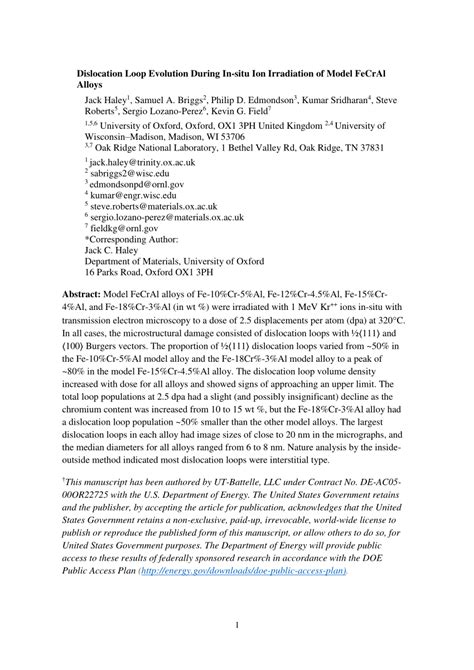Pdf Dislocation Loop Evolution During In Situ Ion Irradiation Of
